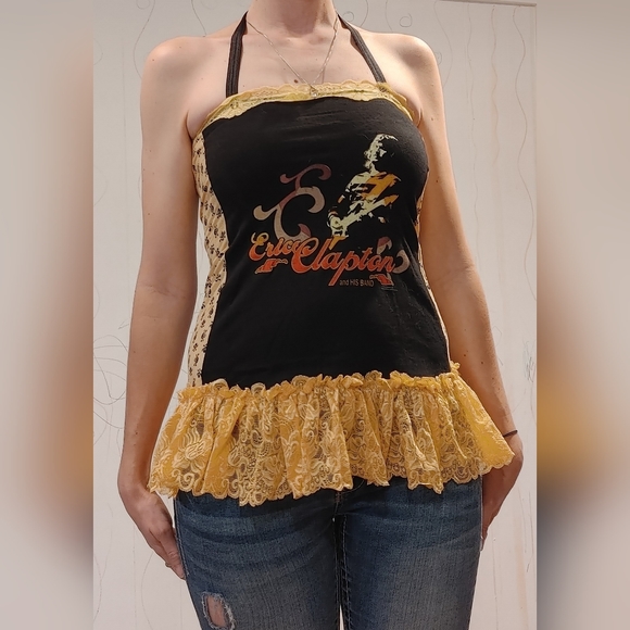 Tops | Handcrafted Yellow Black Eric Clapton Lace Graphic Halter | Poshmark